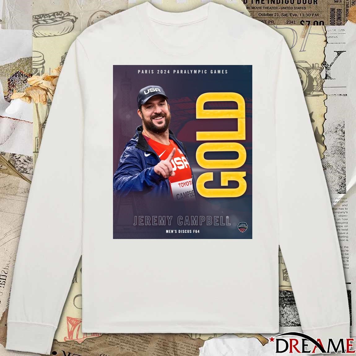 Official Jeremy Campbell Gold Medal Men's Discus F64 Paris Paralympics 2024 Poster t-shirt ...